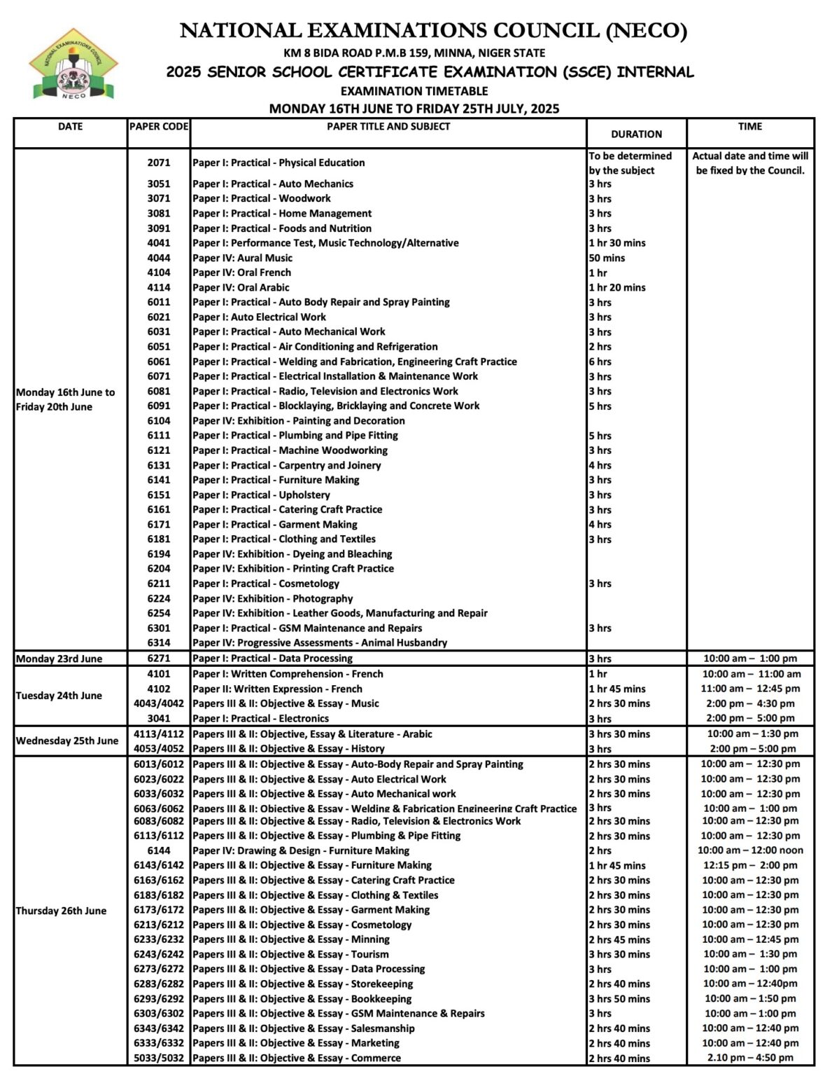 NECO 2025 SSCE Timetable and Exam Tips | Schooly 2025